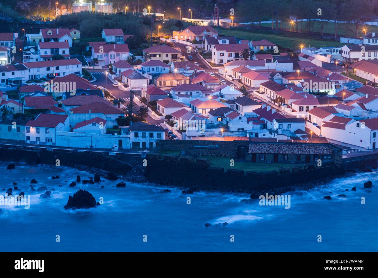 Portugal, Azores, Faial Island, Horta, elevated view town and Porto Pim ...