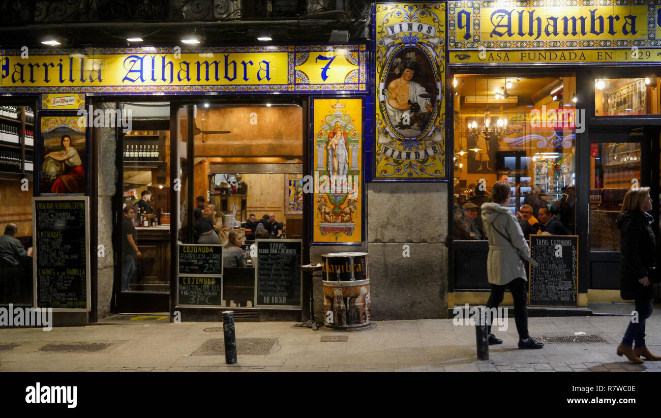 Traditional restaurant in a pedestrian street, Madrid, Spain Stock ...