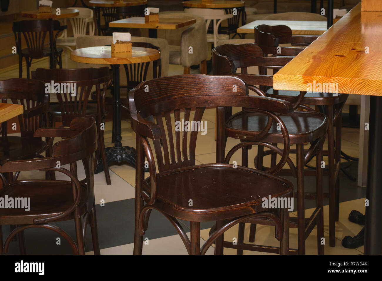 Natural wooden cafe tables hi-res stock photography and images - Alamy