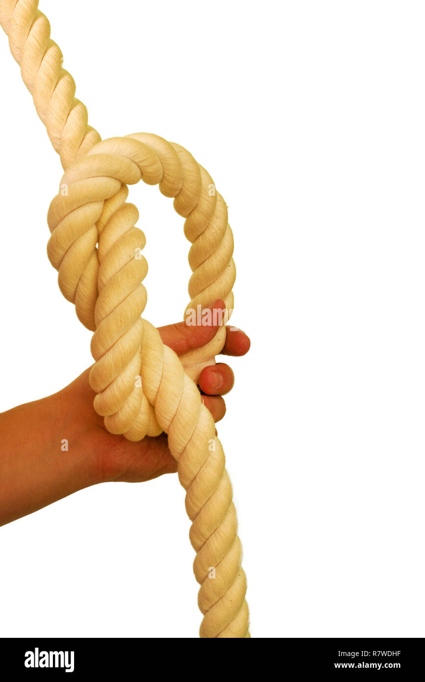 Rope loop in man's hand. Isolated on a white background Stock Photo - Alamy