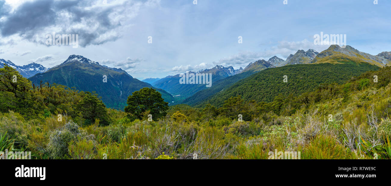 panoramic view, hiking the key summit track, southern alps, new zealand ...