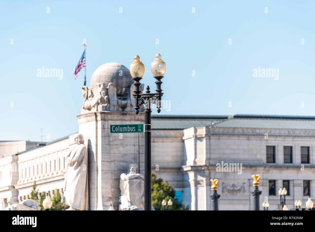 Washington DC, USA Union Station with Columbus Circle street sign, road ...