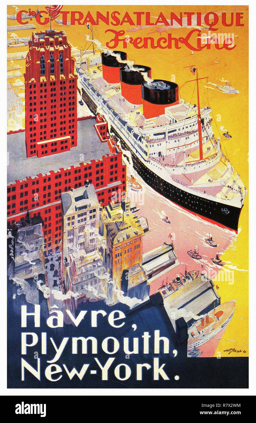 French Line Transatlantique - Vintage Travel Poster Stock Photo - Alamy