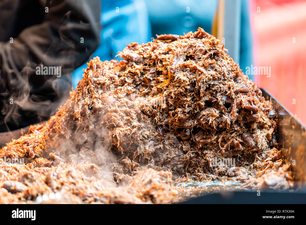 Shredded pork barbeque bbq meat large beef pile in fast food truck ...