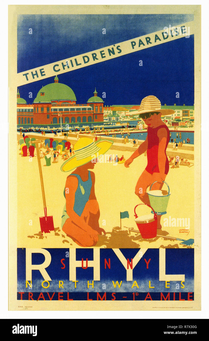 Sunny Rhyl The Childrens Paradise - Vintage Travel Poster Stock Photo ...
