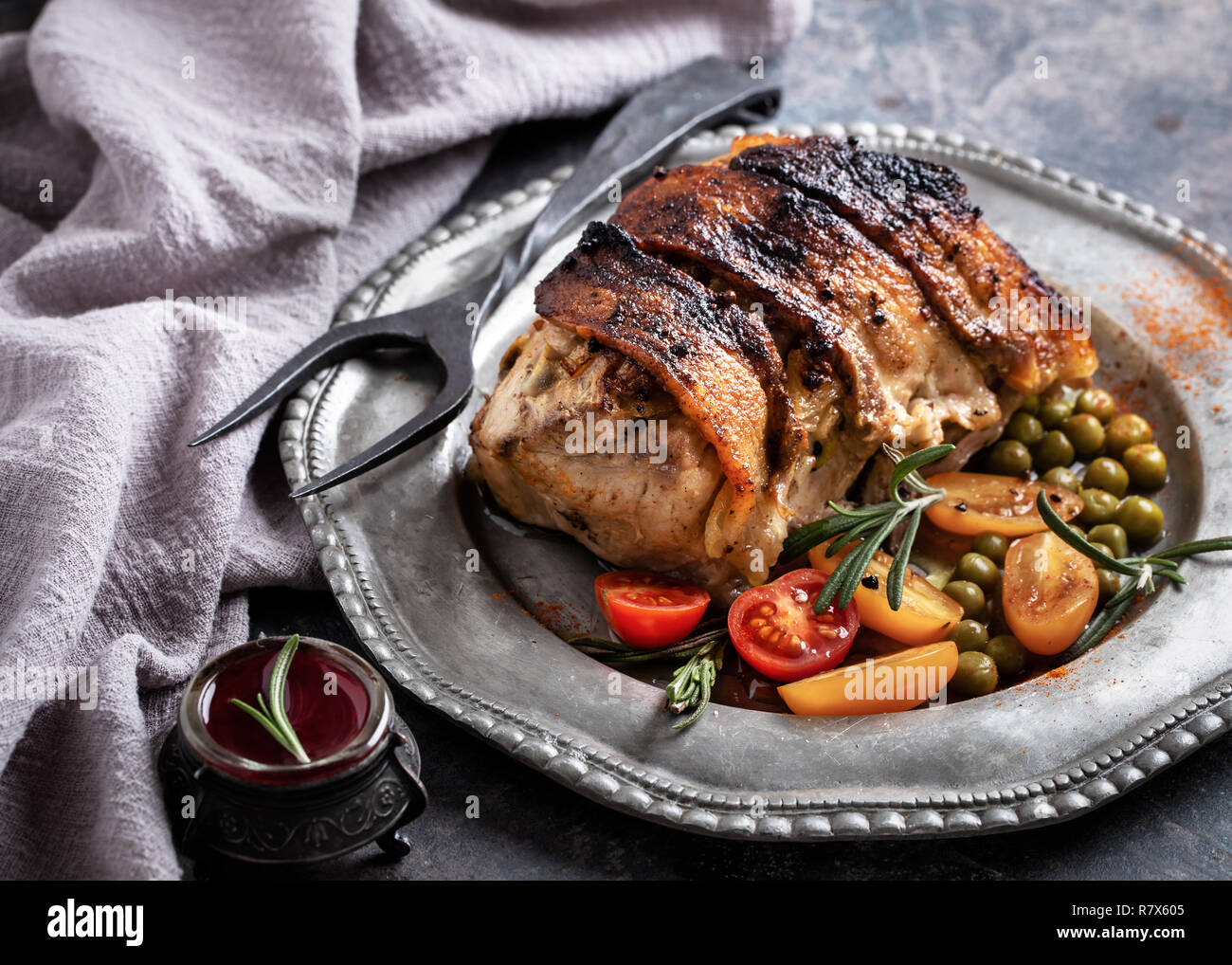 Roast pork with vegetables Stock Photo - Alamy