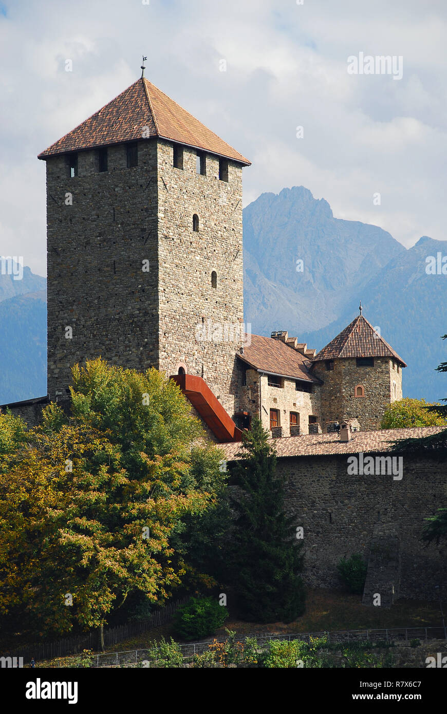 The keep (tower) of Tyrol Castle in Tirolo, South Tyrol, Italy. Tyrol ...