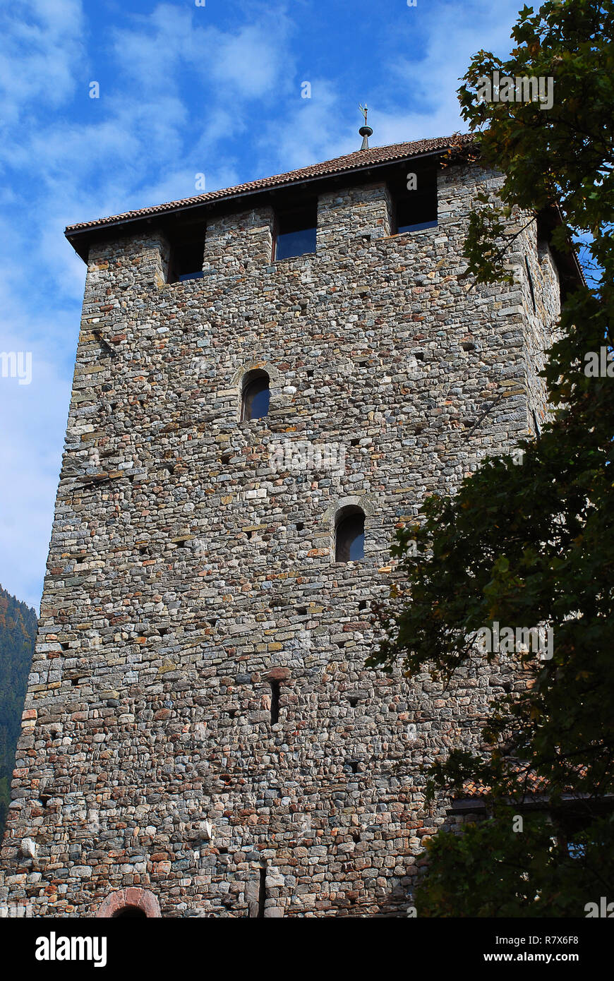 The keep (tower) of Tyrol Castle in Tirolo, South Tyrol, Italy. Tyrol ...