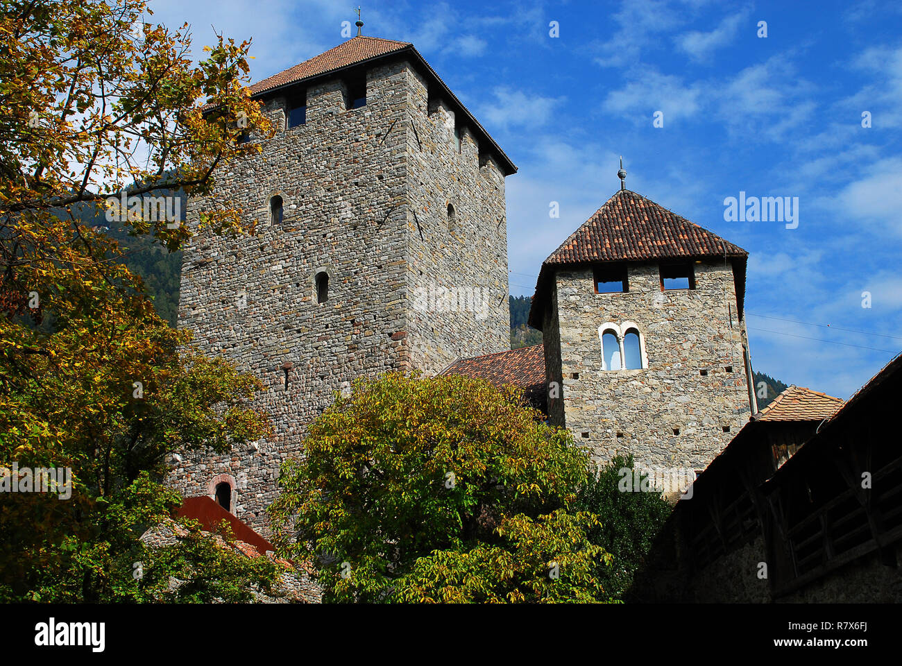 The keep (tower) of Tyrol Castle in Tirolo, South Tyrol, Italy. Tyrol ...