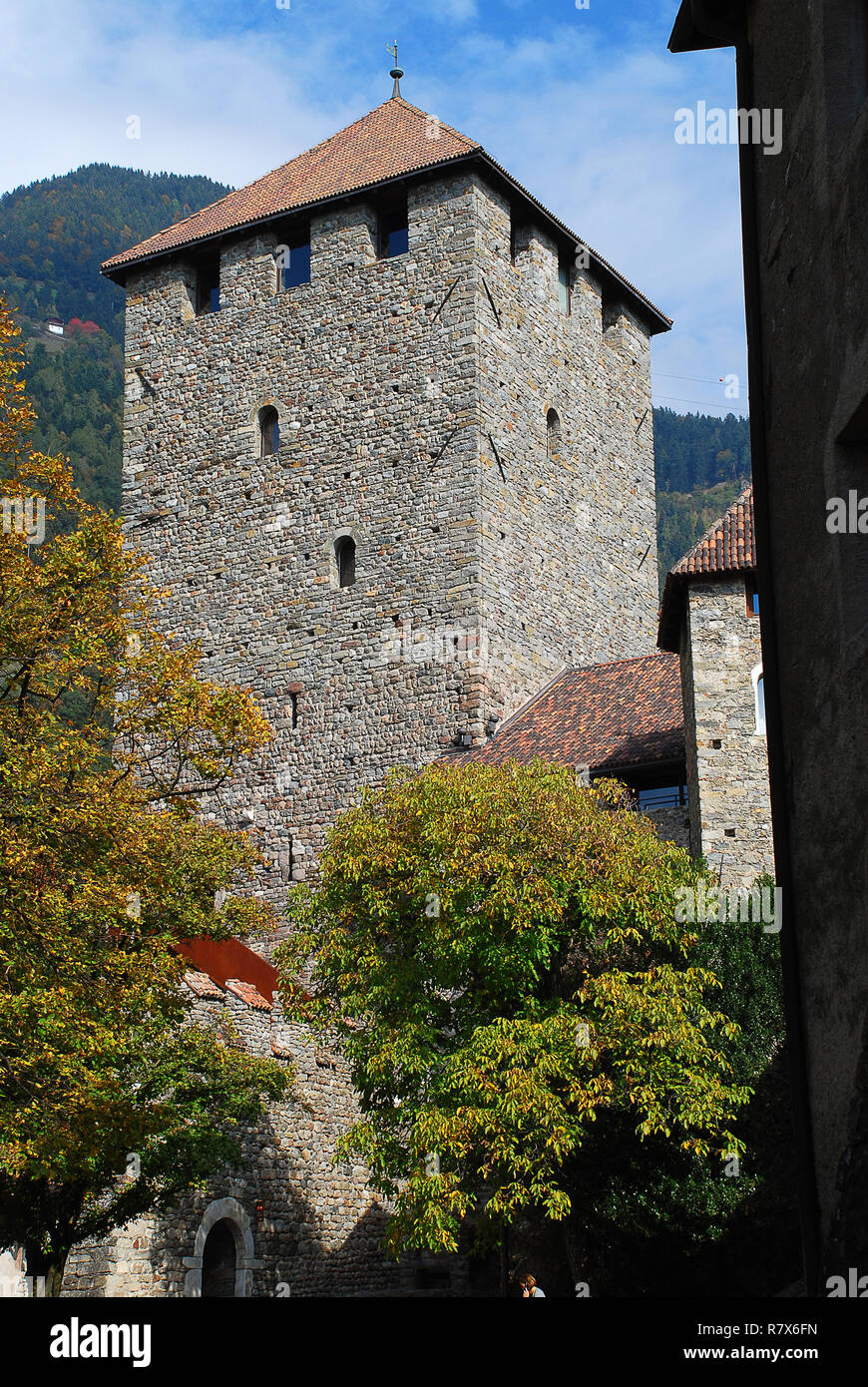 The keep (tower) of Tyrol Castle in Tirolo, South Tyrol, Italy. Tyrol ...