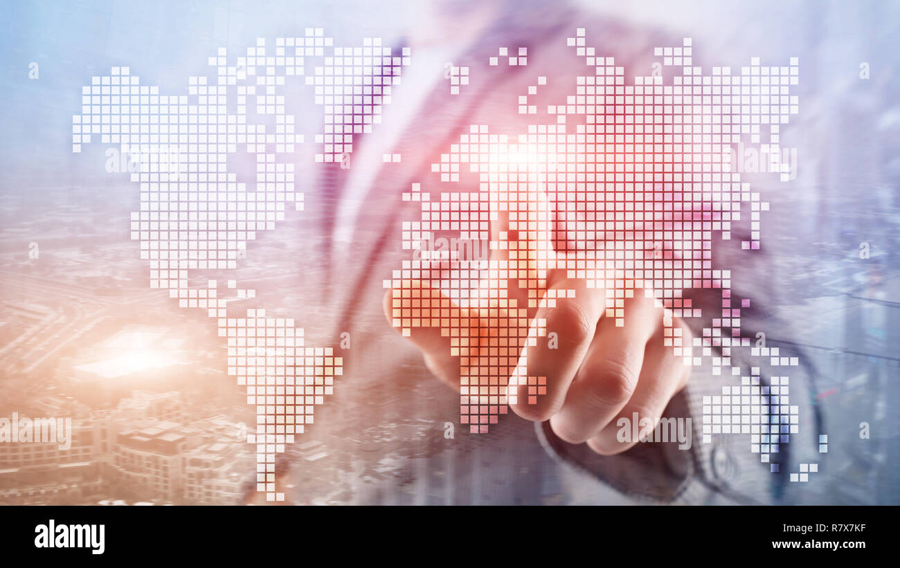 Double exposure world map on skyscraper background. Communication and ...