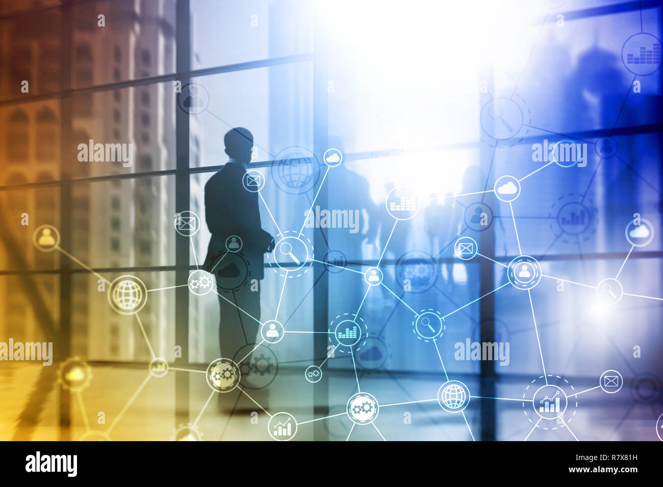 Double exposure Business organization structure on blurred background ...