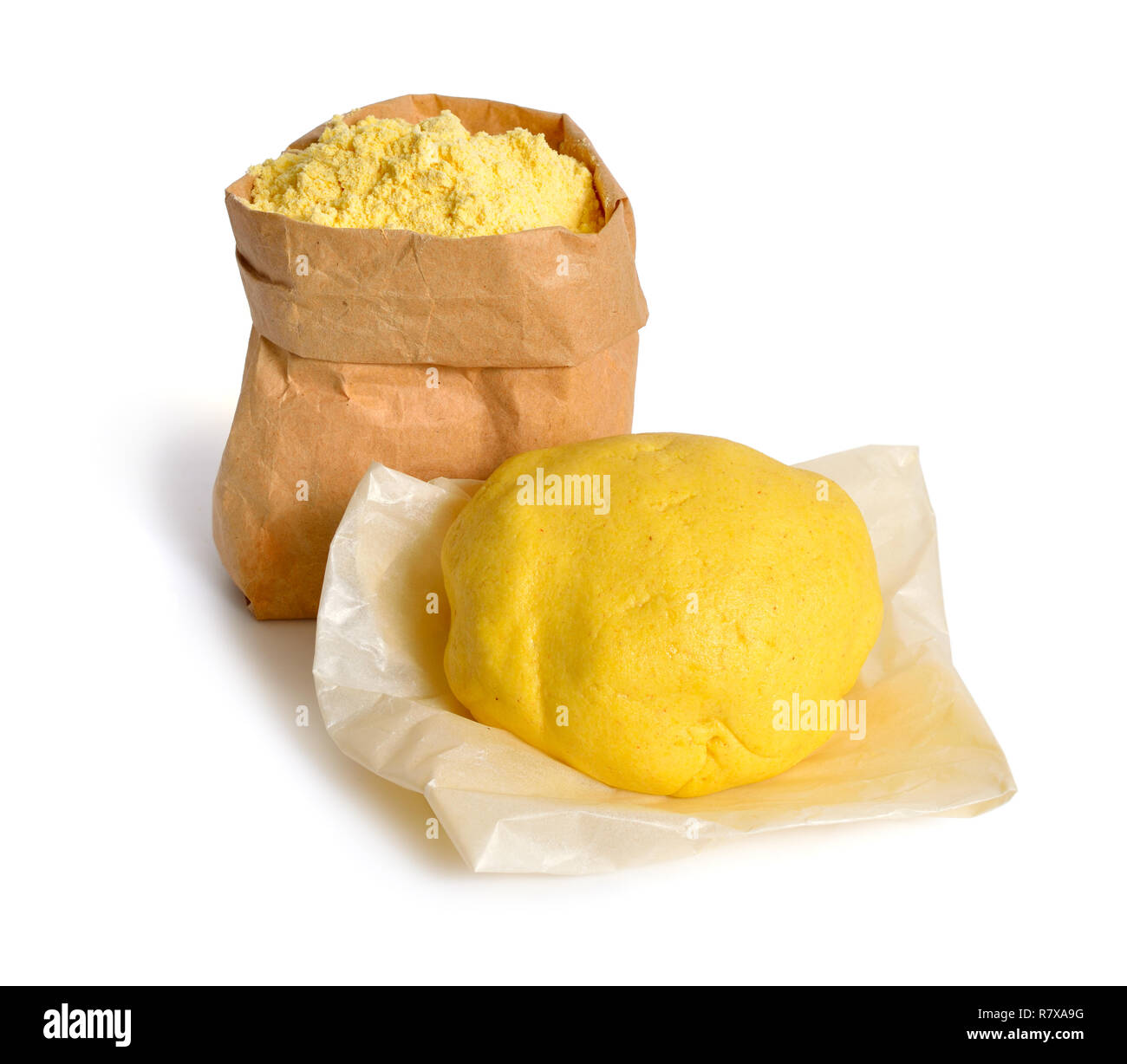 Corn flour and dough. Isolated on white background Stock Photo - Alamy