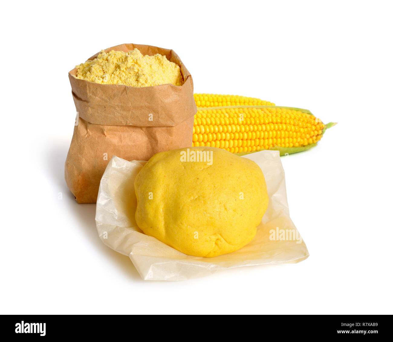 Corn flour and dough. Isolated on white background Stock Photo - Alamy