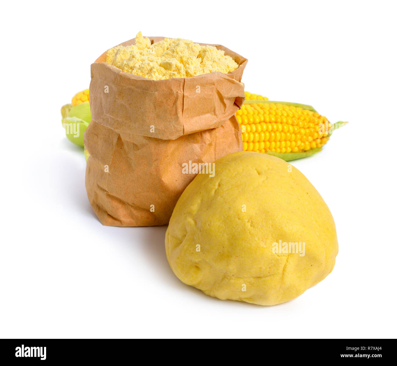Corn flour and dough. Isolated on white background Stock Photo - Alamy