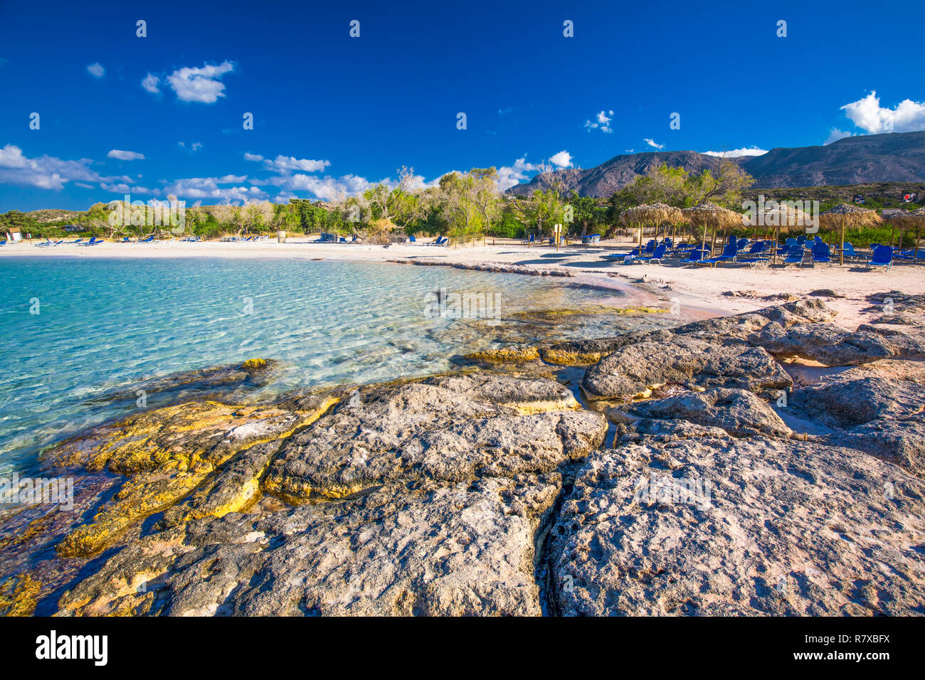 Father with his little son looking at Seitan limania beach on Crete ...