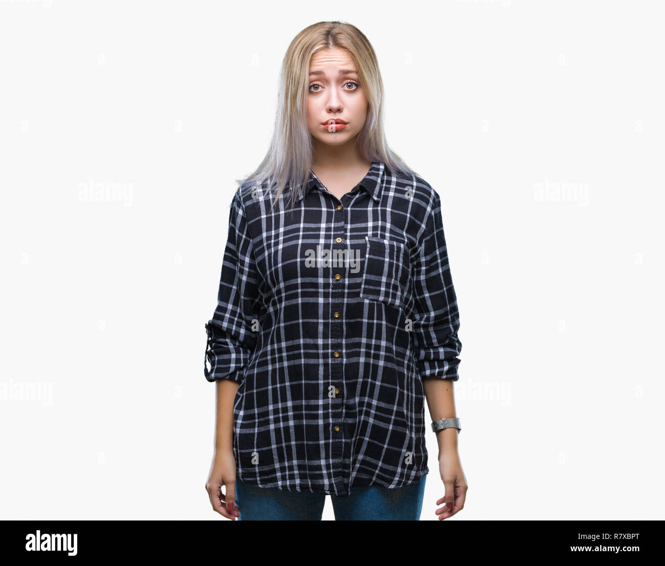 Young blonde woman over isolated background depressed and worry for ...