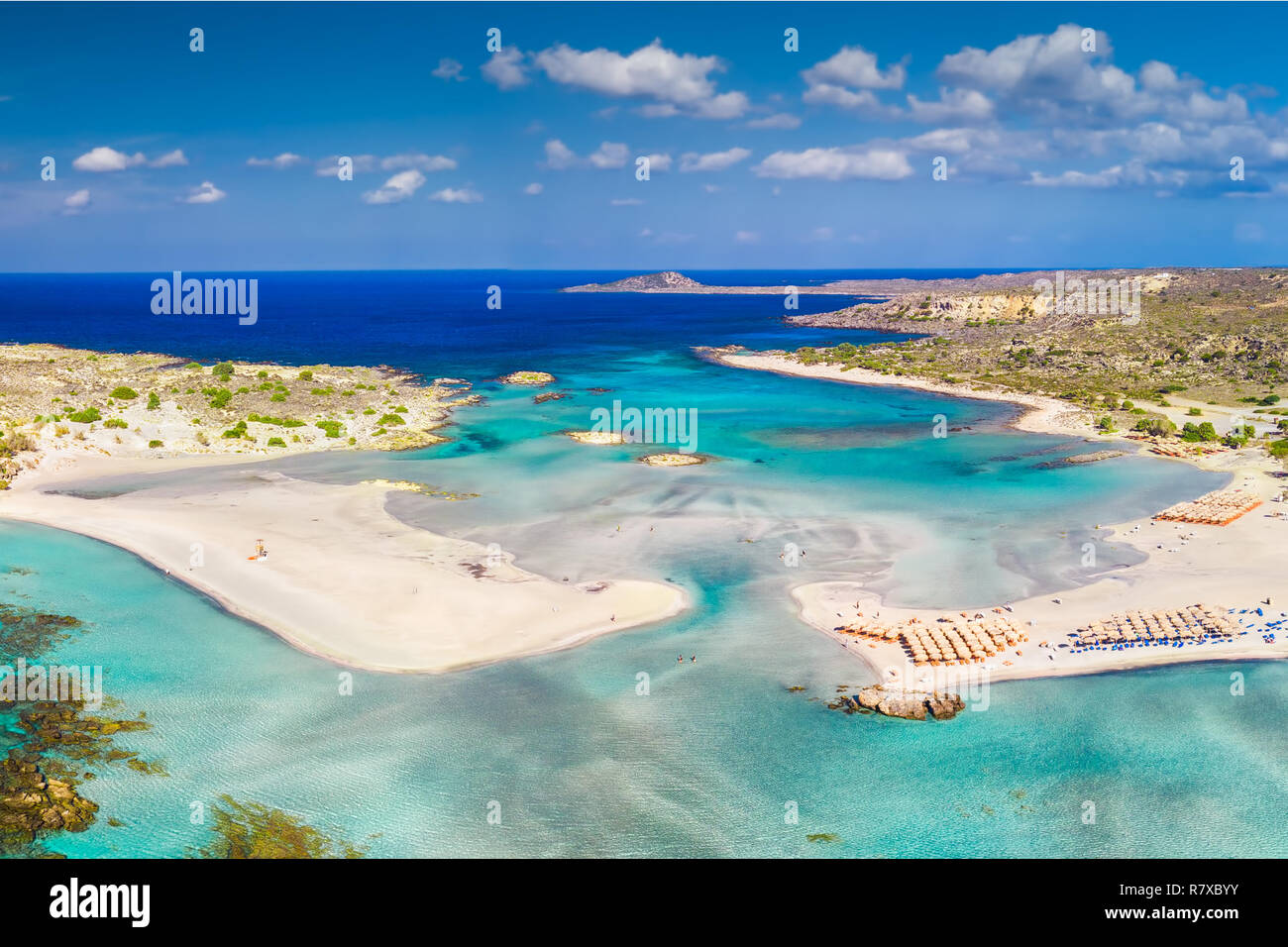 Aerial view of Elafonissi beach on Crete island with azure clear water ...