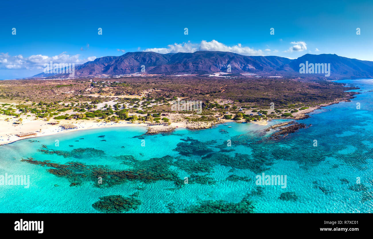 Aerial view of Elafonissi beach on Crete island with azure clear water ...