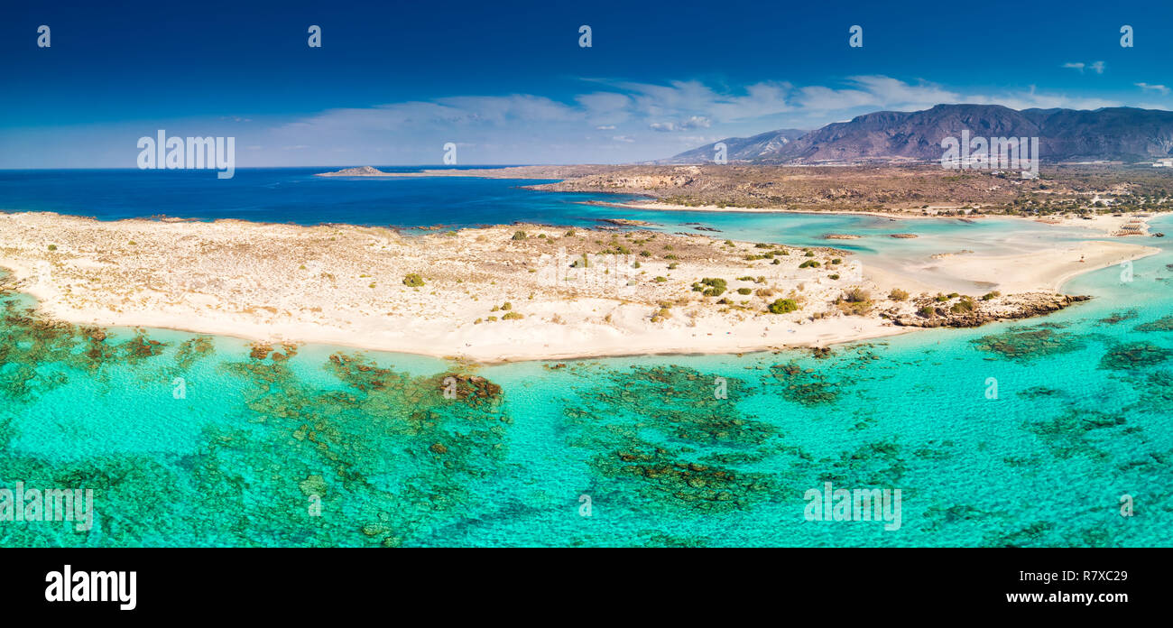 Aerial view of Elafonissi beach on Crete island with azure clear water ...