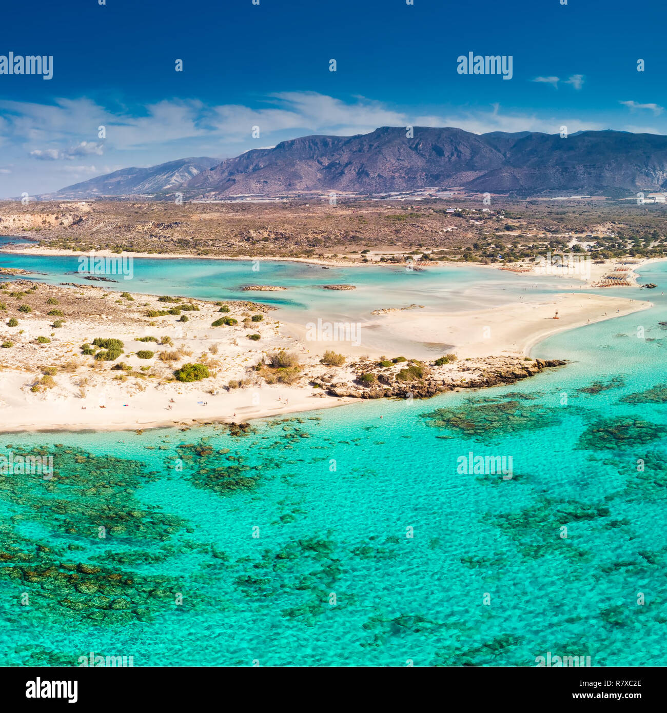 Aerial view of Elafonissi beach on Crete island with azure clear water ...