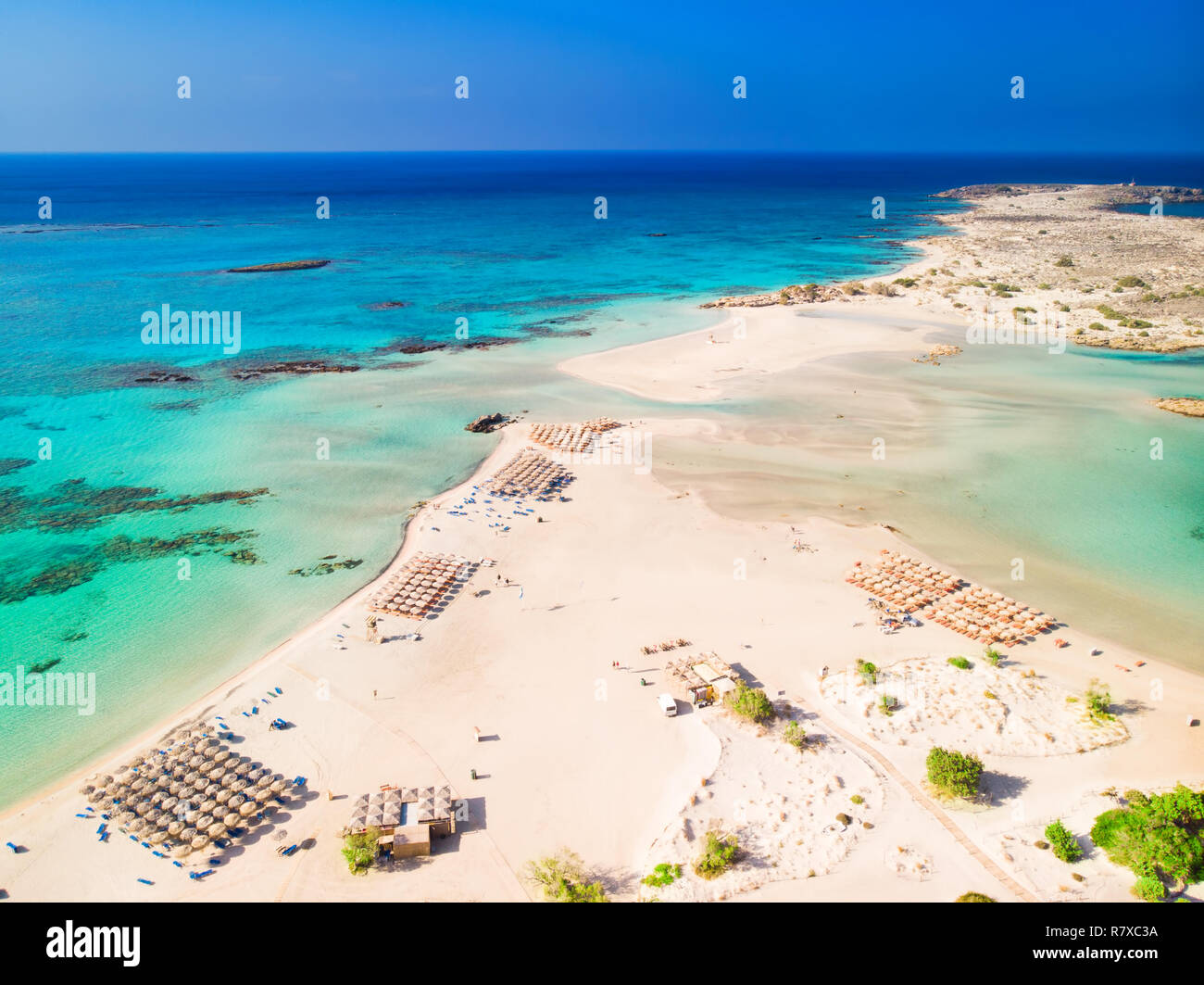 Aerial view of Elafonissi beach on Crete island with azure clear water ...