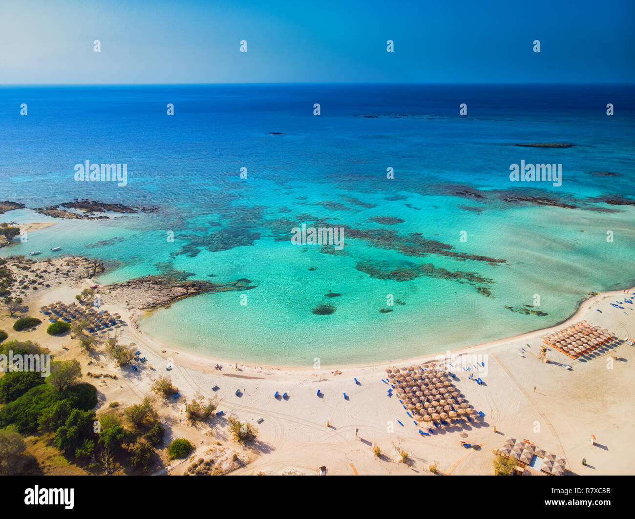 Aerial view of Elafonissi beach on Crete island with azure clear water ...