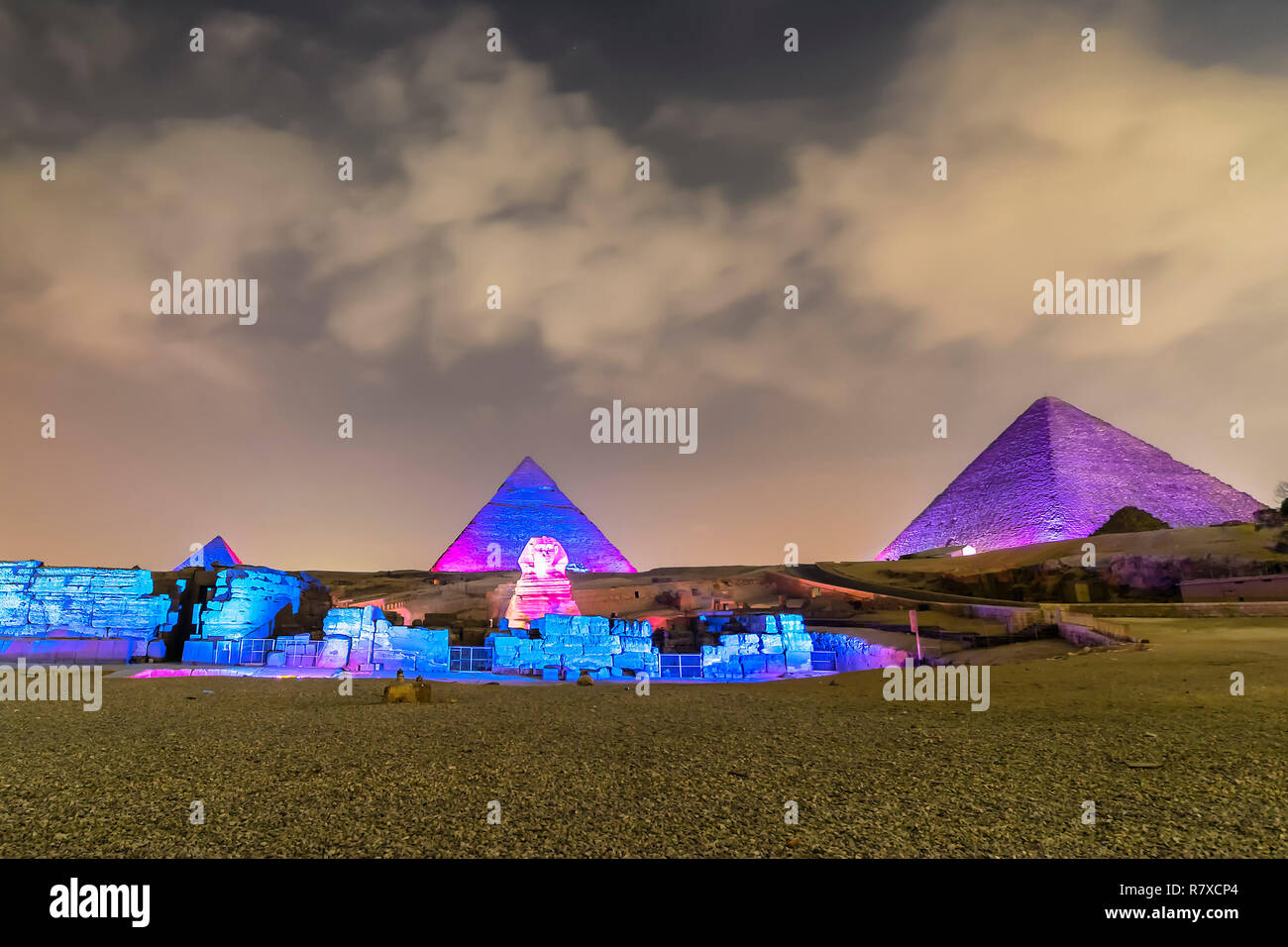 Giza pyramids and Sphinx light and sound show at night Stock Photo - Alamy