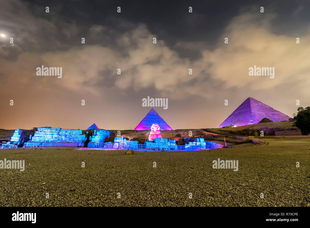 Giza pyramids and Sphinx light and sound show at night Stock Photo - Alamy
