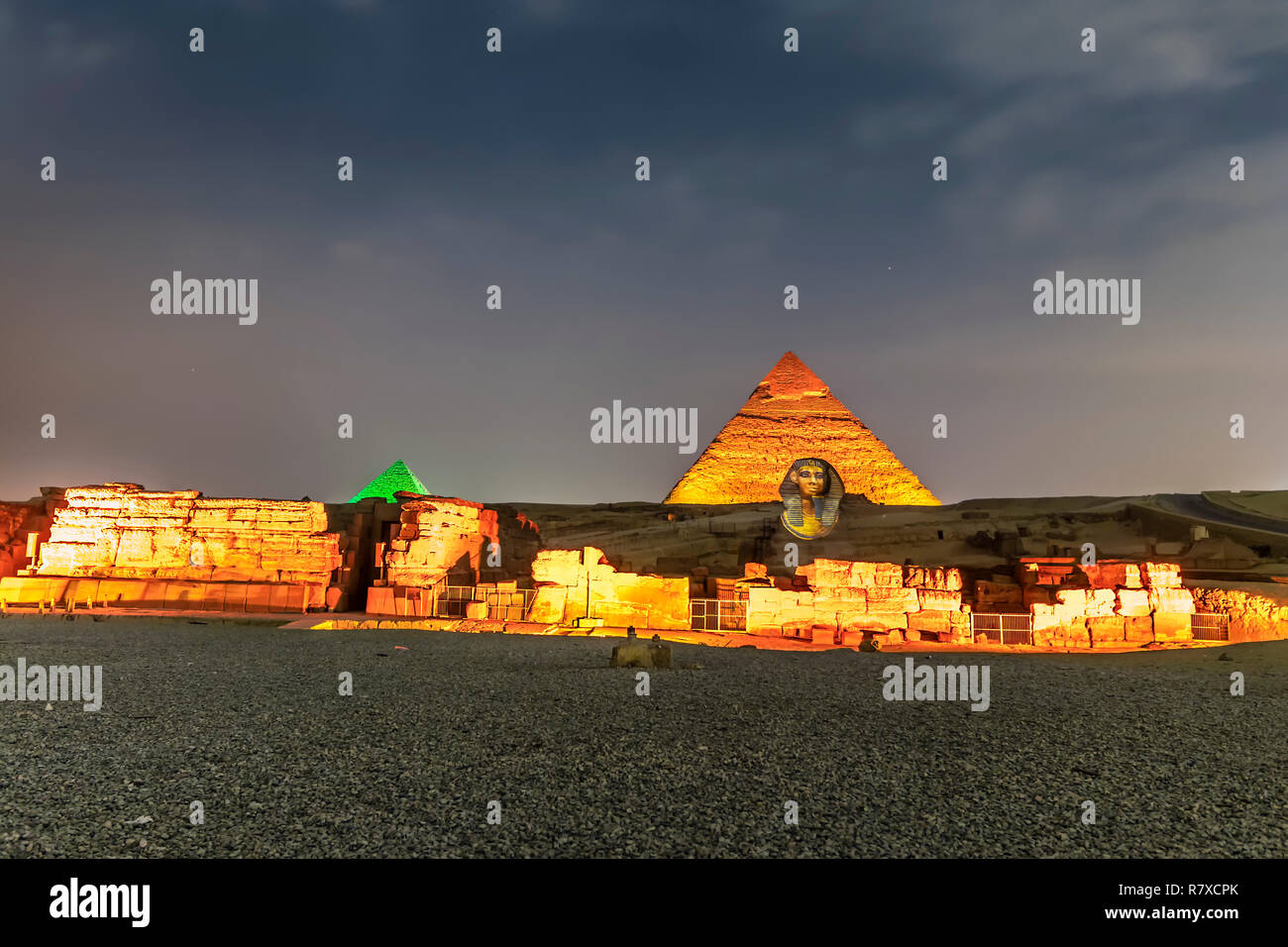 Giza pyramids and Sphinx light and sound show at night Stock Photo - Alamy