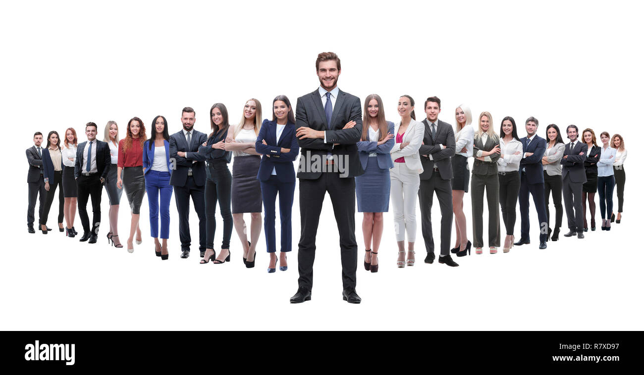 leader standing on the background of a large business team Stock Photo ...