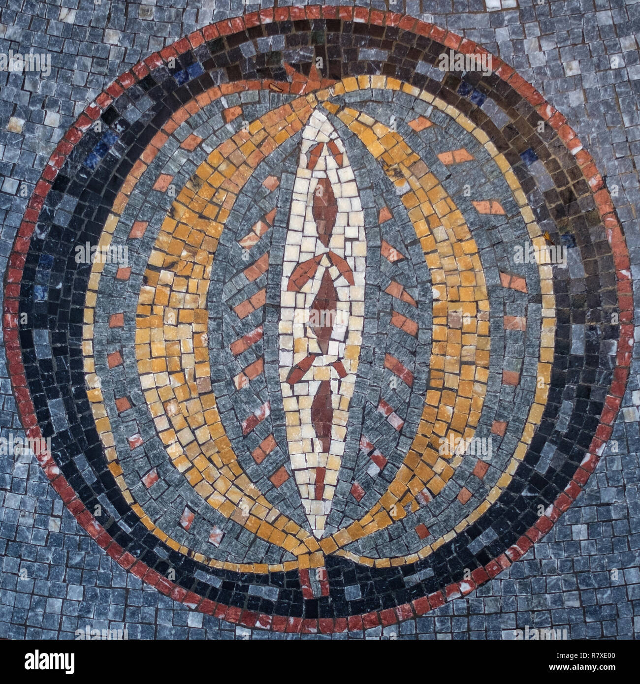 Circular Mosaic with a design at the center. Misaic Floor. Mosaic ...