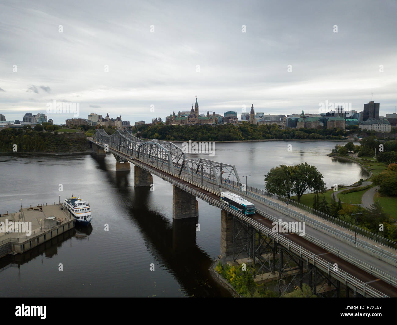 Aerial panoramic view of Alexandra Bridge going over Ottawa River from ...