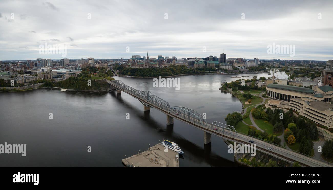 Aerial panoramic view of Alexandra Bridge going over Ottawa River from ...
