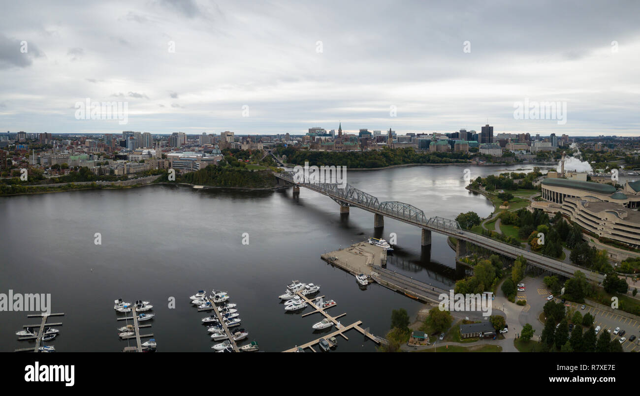 Aerial panoramic view of Alexandra Bridge going over Ottawa River from ...