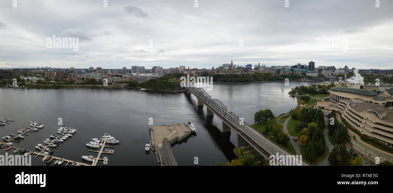 Aerial panoramic view of Alexandra Bridge going over Ottawa River from ...