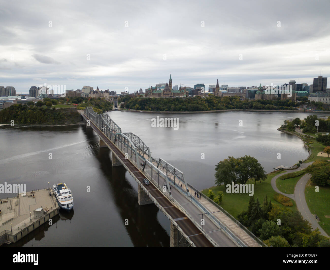 Aerial panoramic view of Alexandra Bridge going over Ottawa River from ...