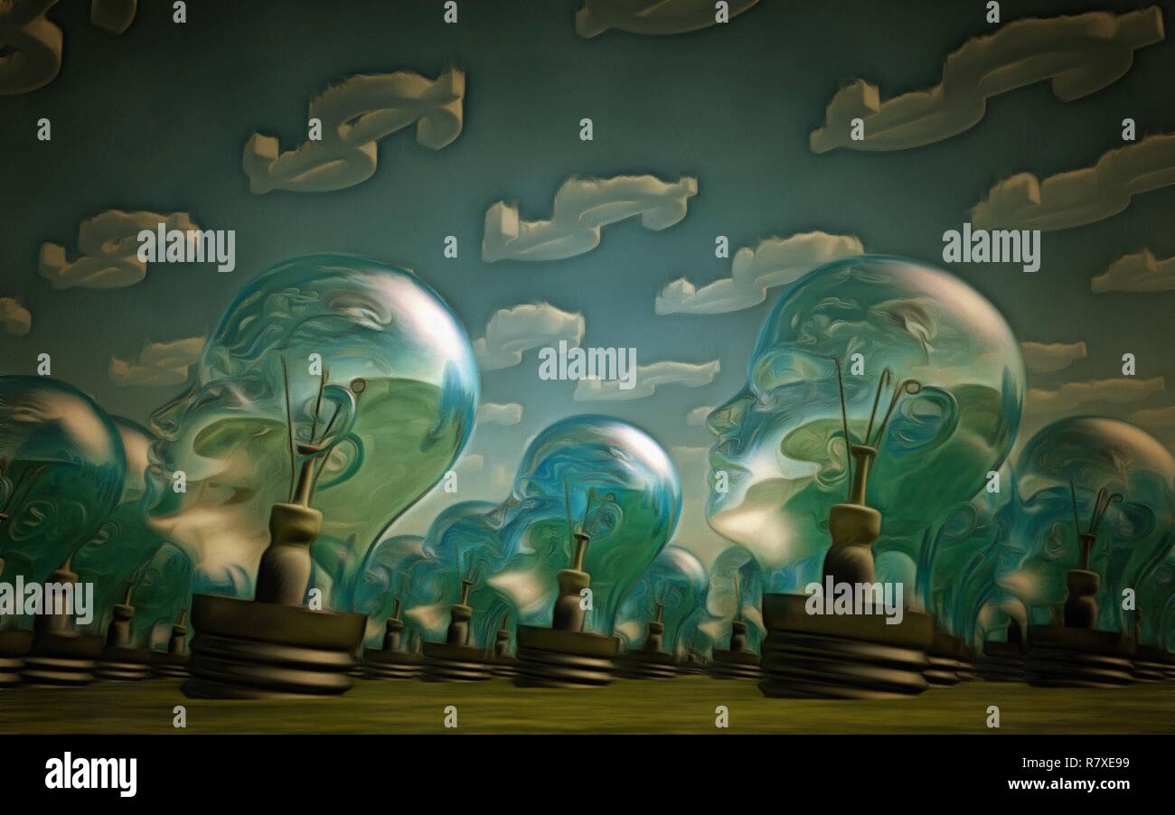 Surreal painting. Ideas. Field of light bulbs Stock Photo - Alamy
