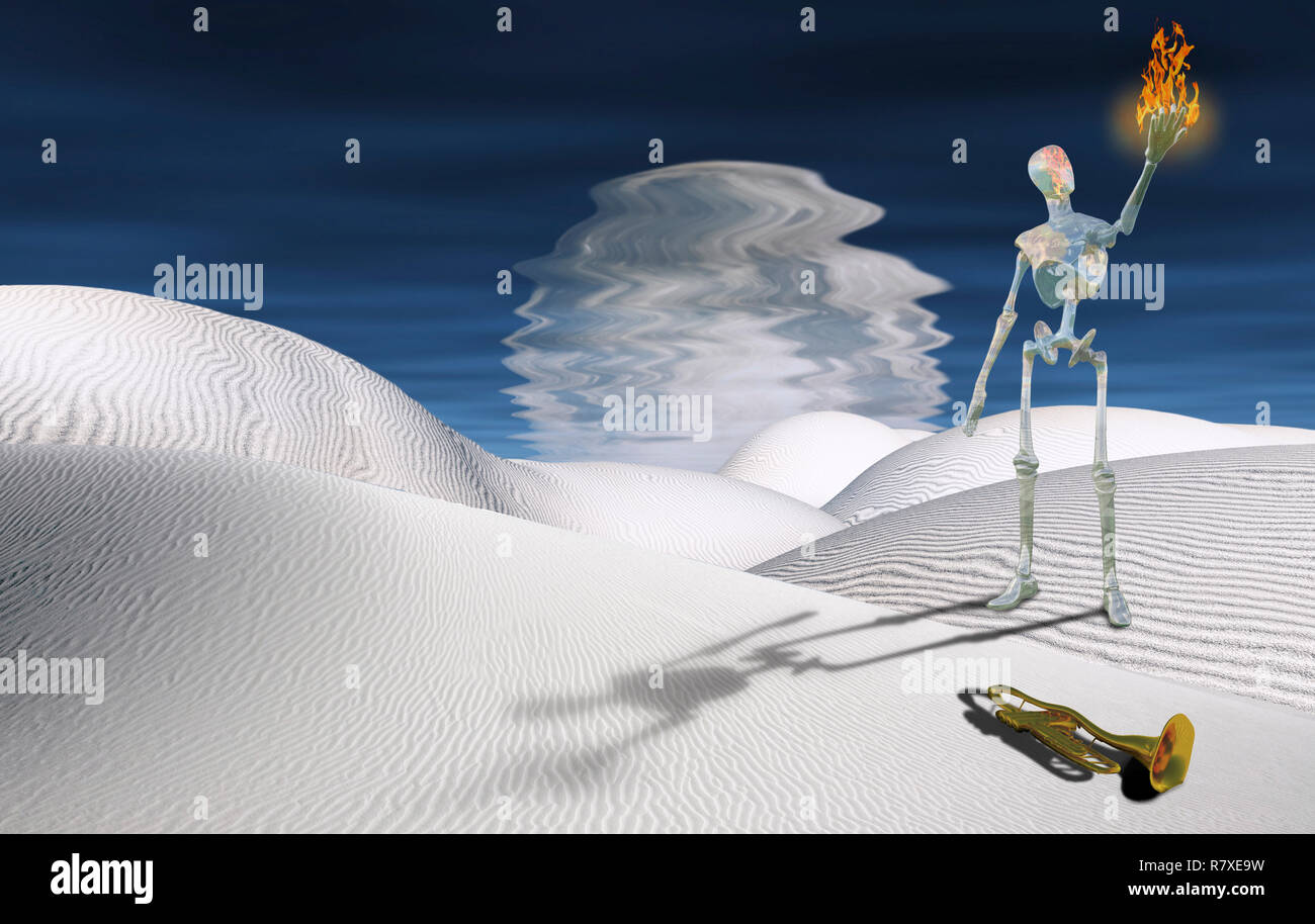 New Prometheus. Gleaming robot with flame in his hand stands in surreal ...