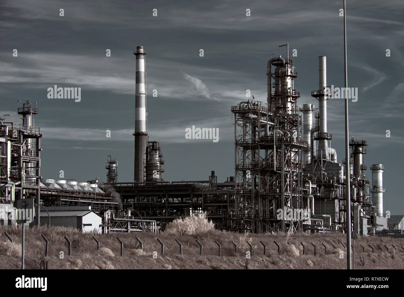 Infrared wide view of part of a big oil refinery and powerplant Stock Photo - Alamy