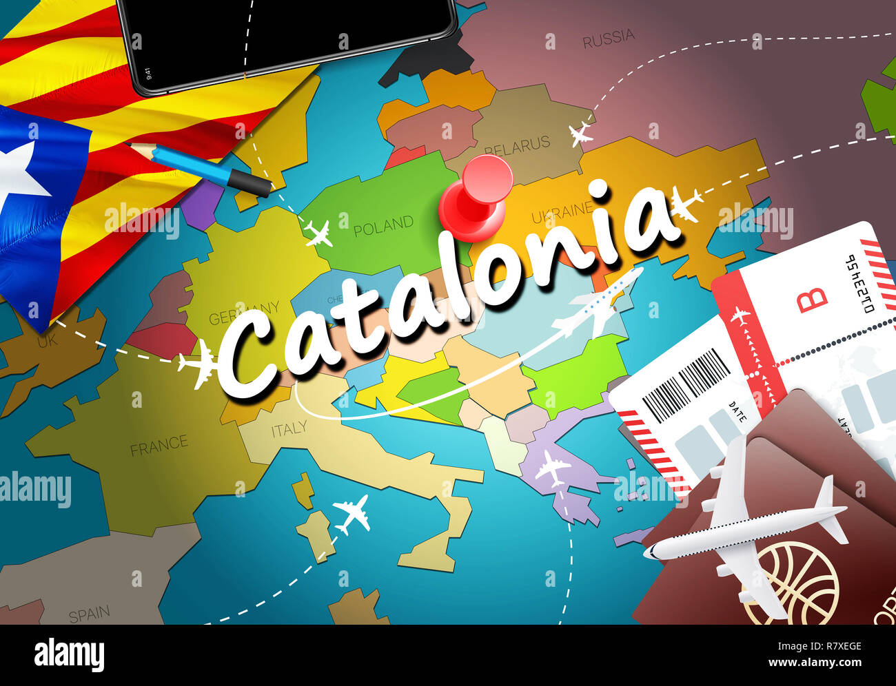 Catalonia travel concept map background with planes, tickets. Visit ...
