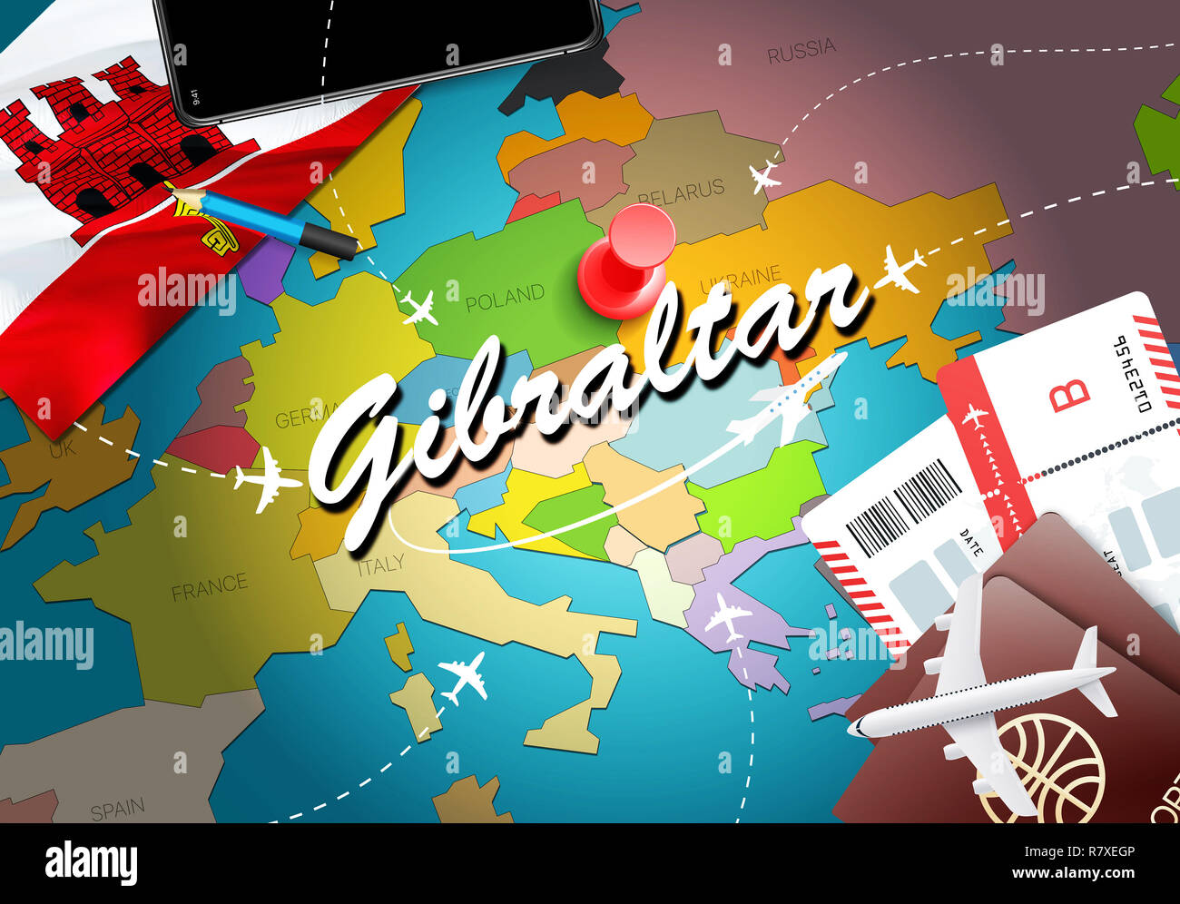 Gibraltar travel concept map background with planes, tickets. Visit ...