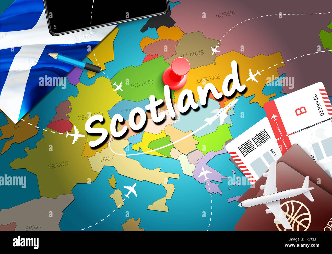 Scotland travel concept map background with planes,tickets. Visit ...
