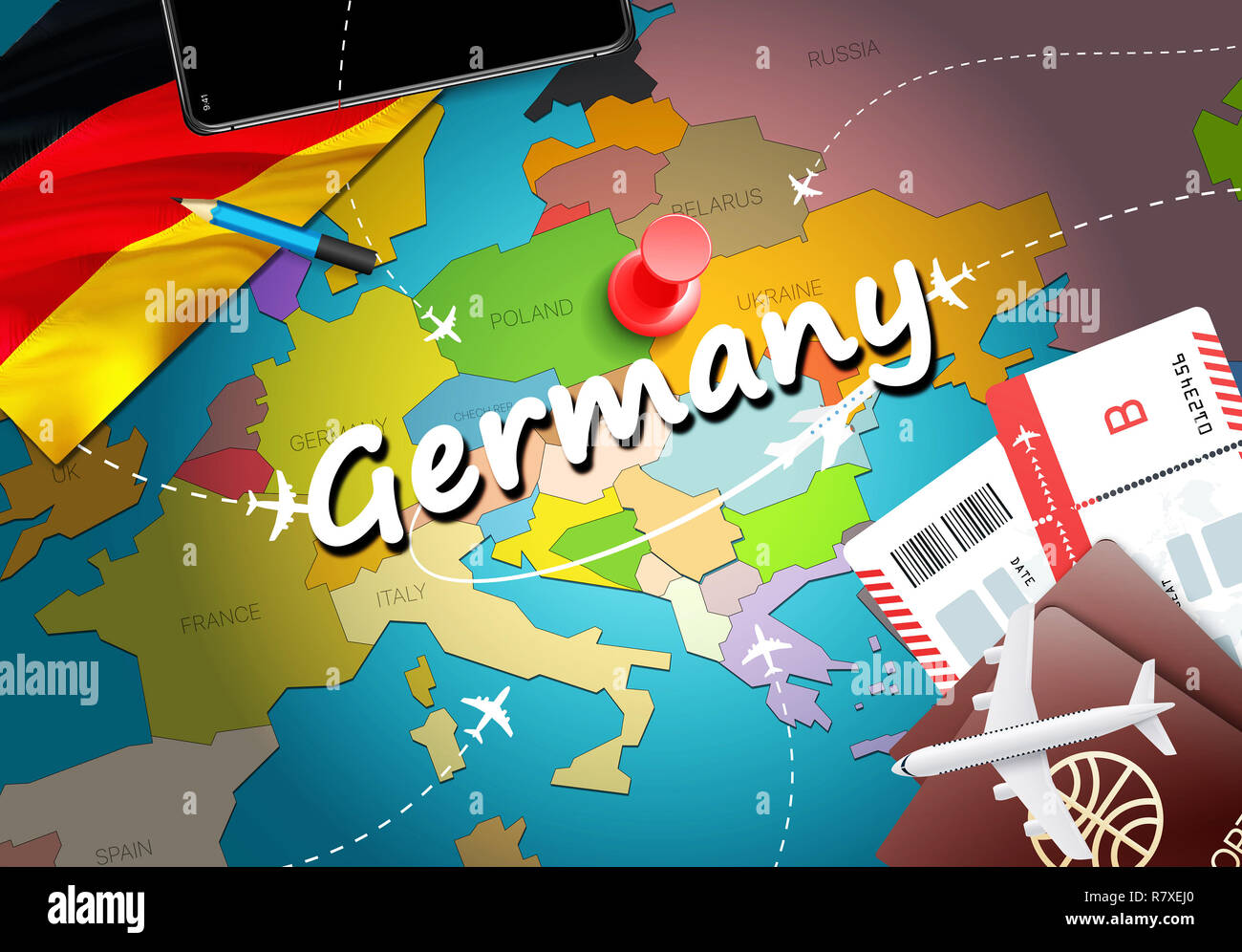 Germany travel concept map background with planes, tickets. Visit ...
