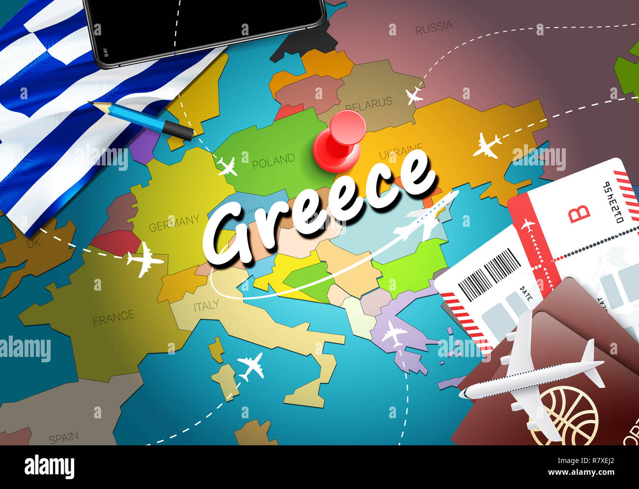 Greece travel concept map background with planes, tickets. Visit Greece ...