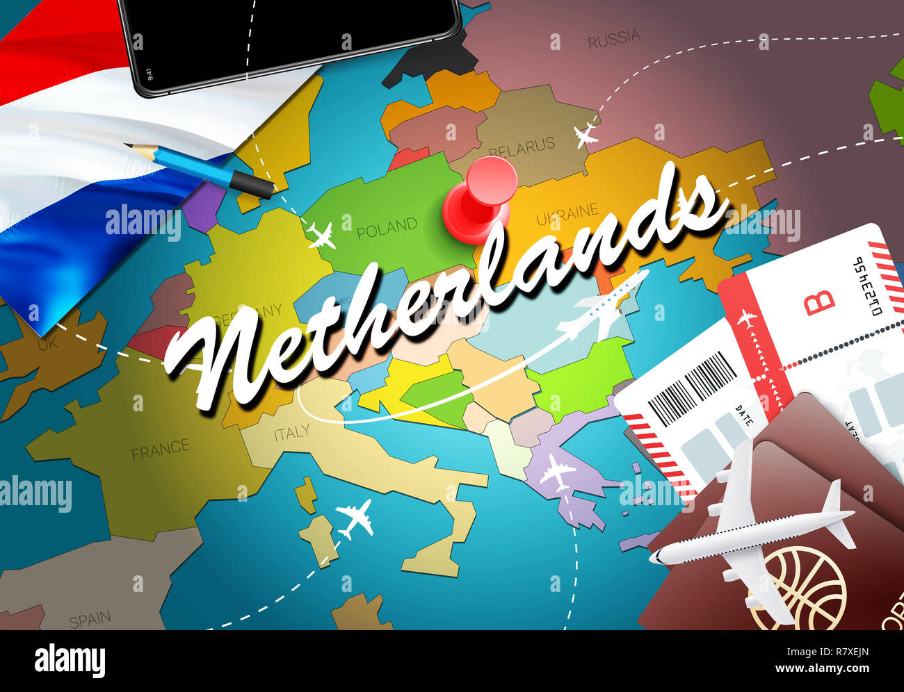 Netherlands travel concept map background with planes,tickets. Visit ...