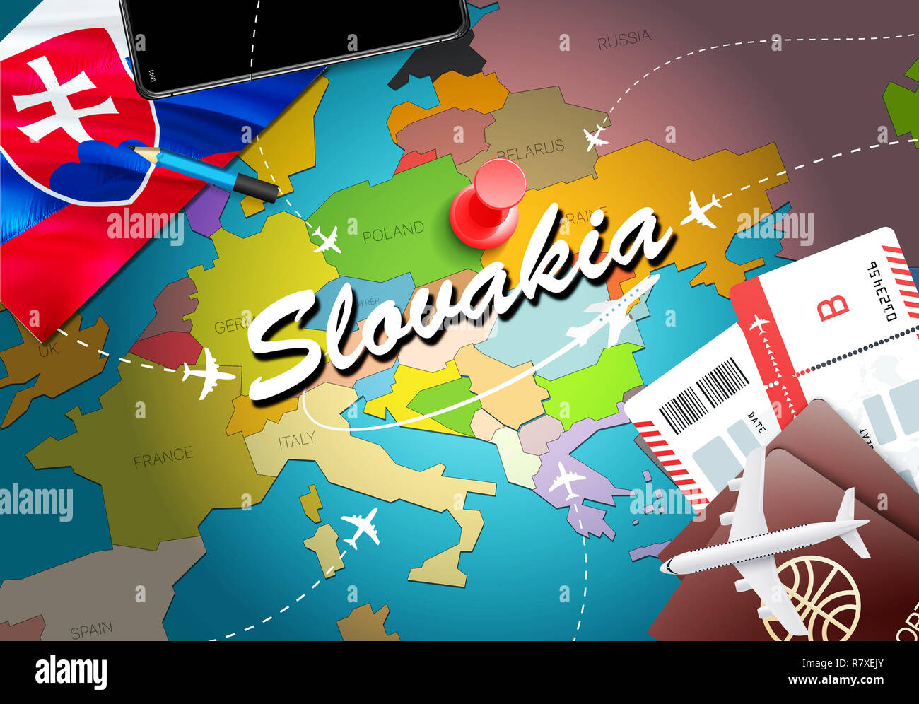 Slovakia travel concept map background with planes,tickets. Visit ...