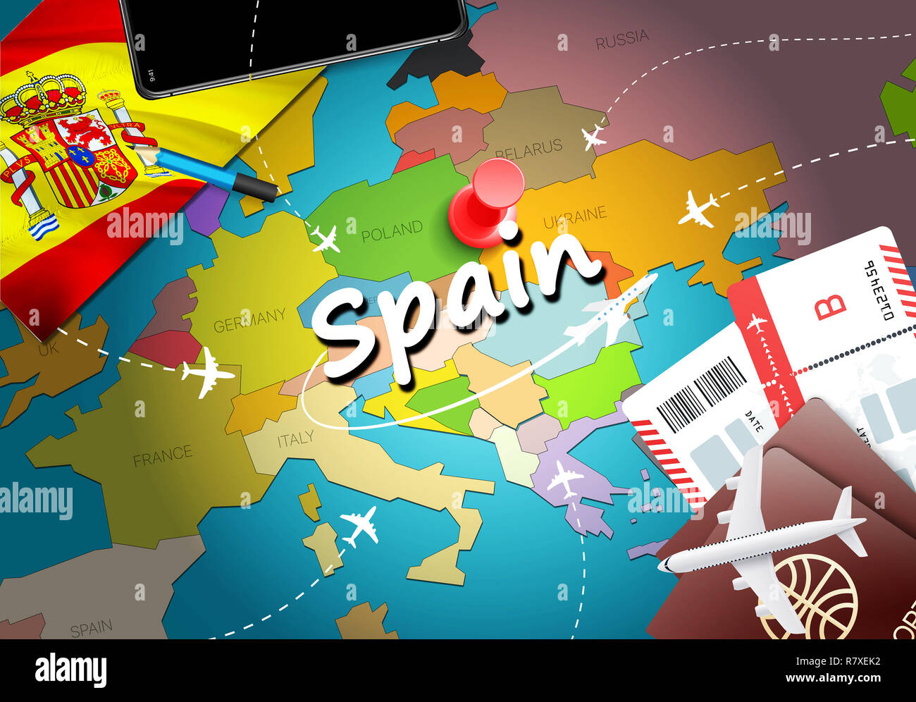 Spain travel concept map background with planes,tickets. Visit Spain ...