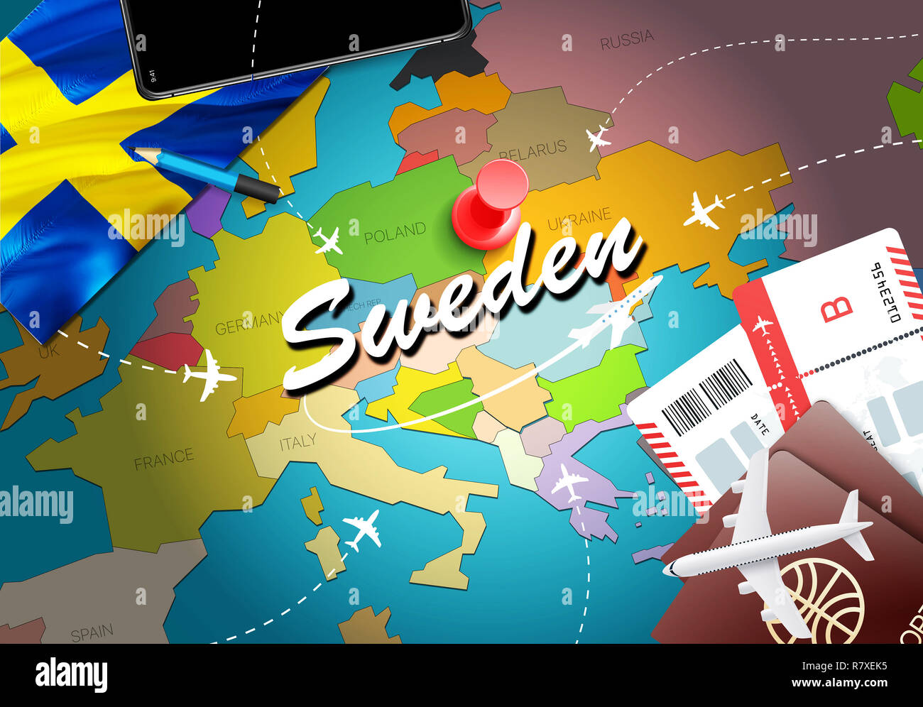 Sweden travel concept map background with planes,tickets. Visit Sweden ...