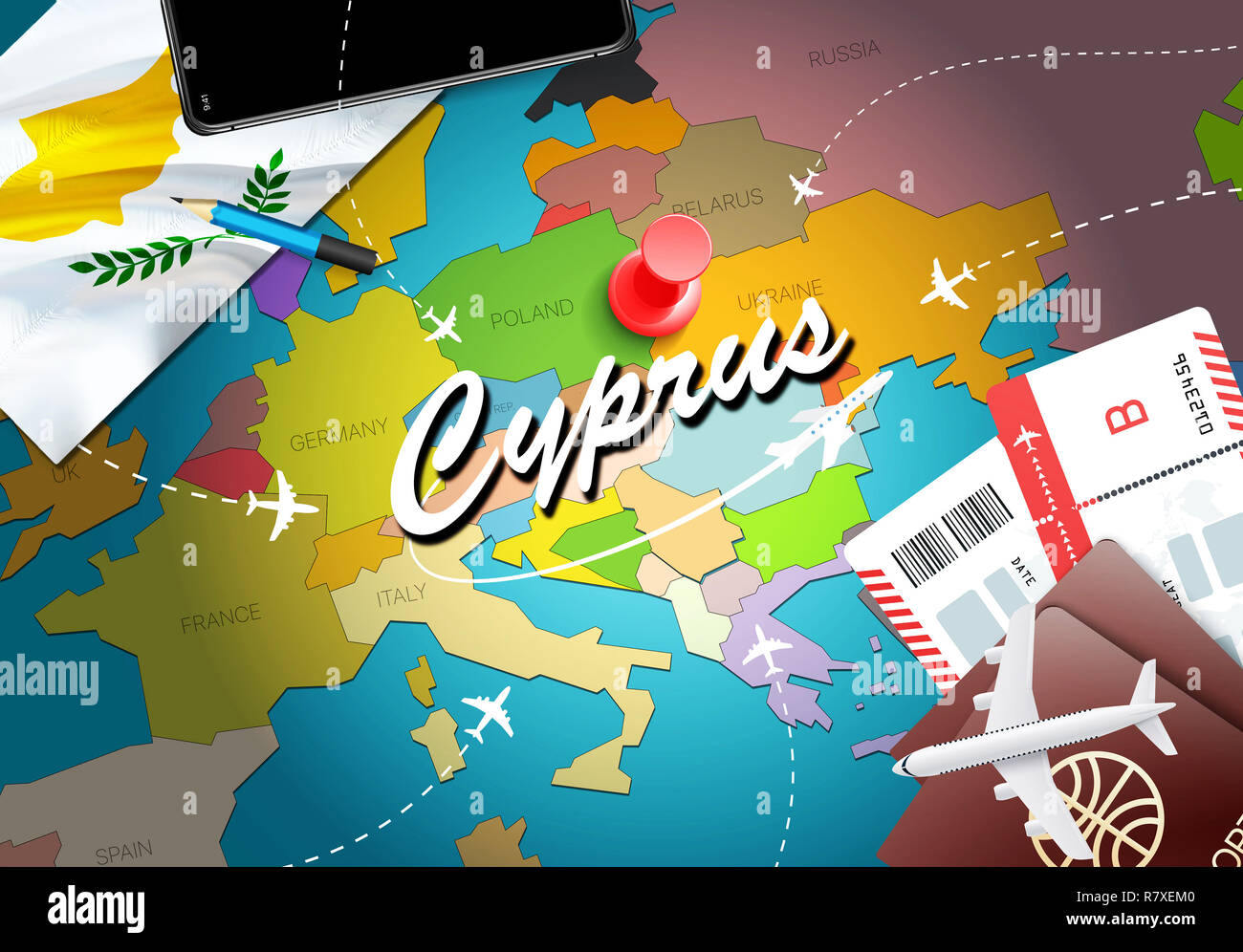 Cyprus travel concept map background with planes, tickets. Visit Cyprus ...